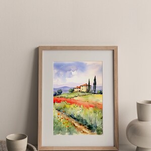 Tuscany Countryside Watercolor Painting Red Poppies Fields Watercolor Painting Italy Landscape ...