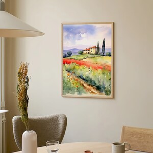 Tuscany Countryside Watercolor Painting Red Poppies Fields Watercolor Painting Italy Landscape ...