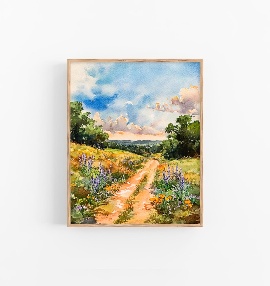 Texas Wildflowers Watercolor Print Country Road Painting Hill Country ...