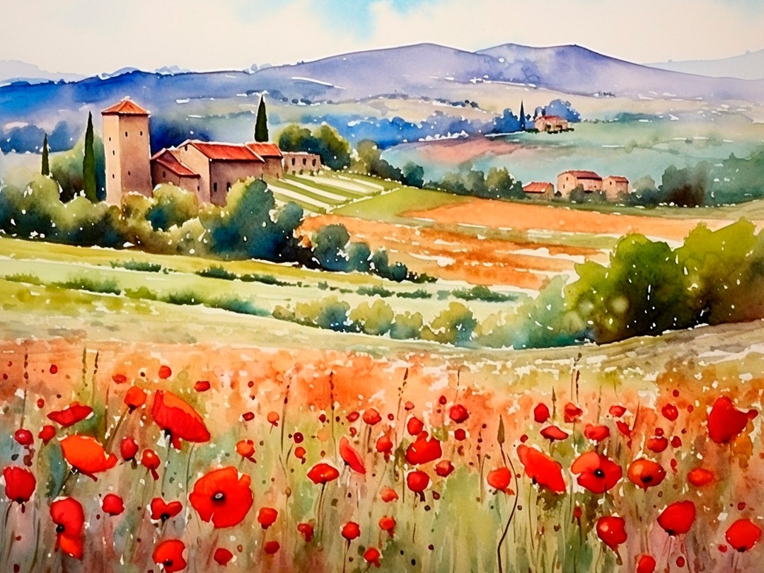 Italian Countryside Watercolor Art Print Tuscany Fields Painting ...
