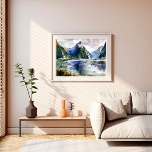 Milford Sound Watercolor Art Print New Zealand Landscape Mountains ...