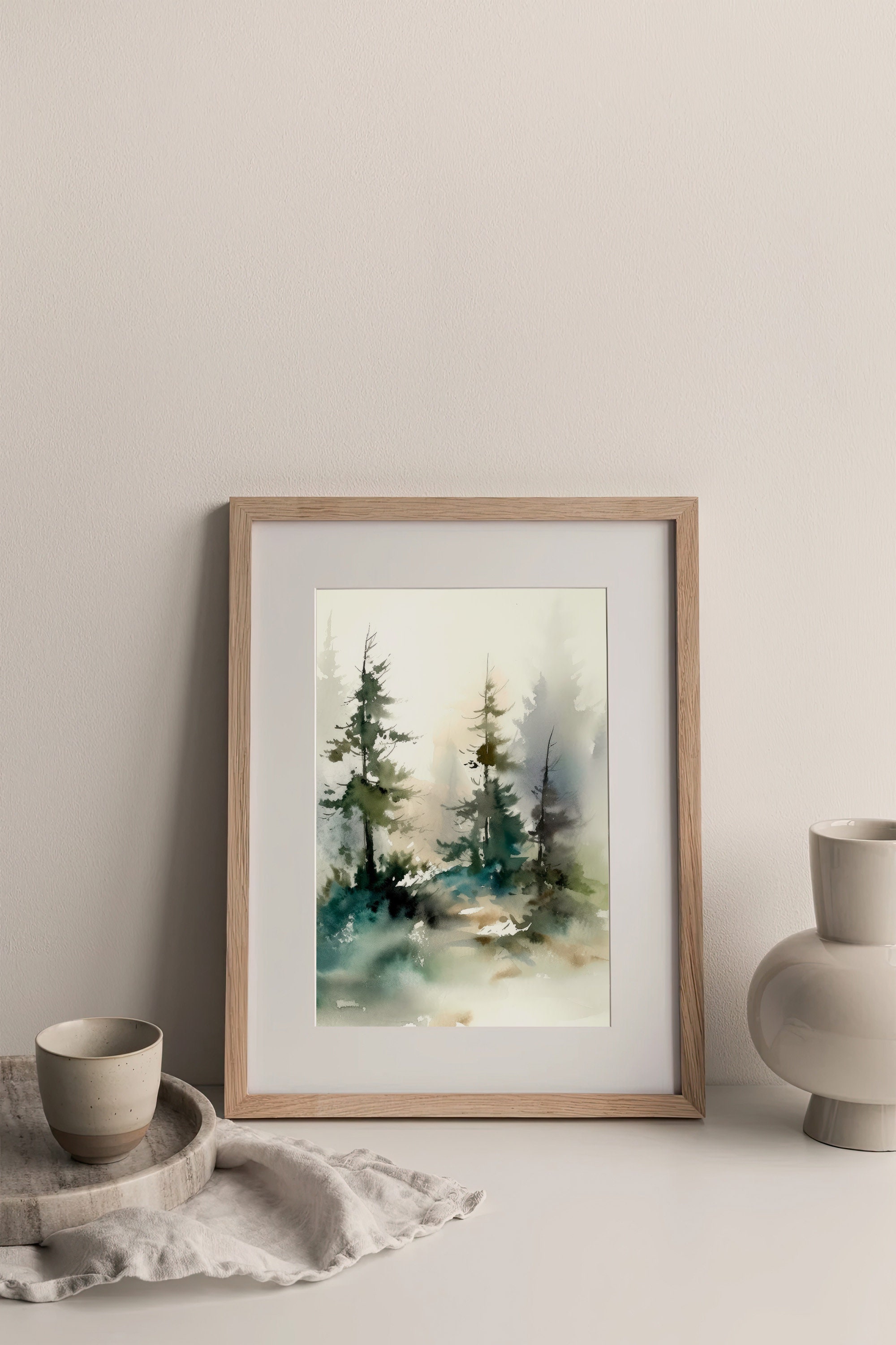 Evergreen Trees Watercolor Art Print Misty Forest Painting - Etsy