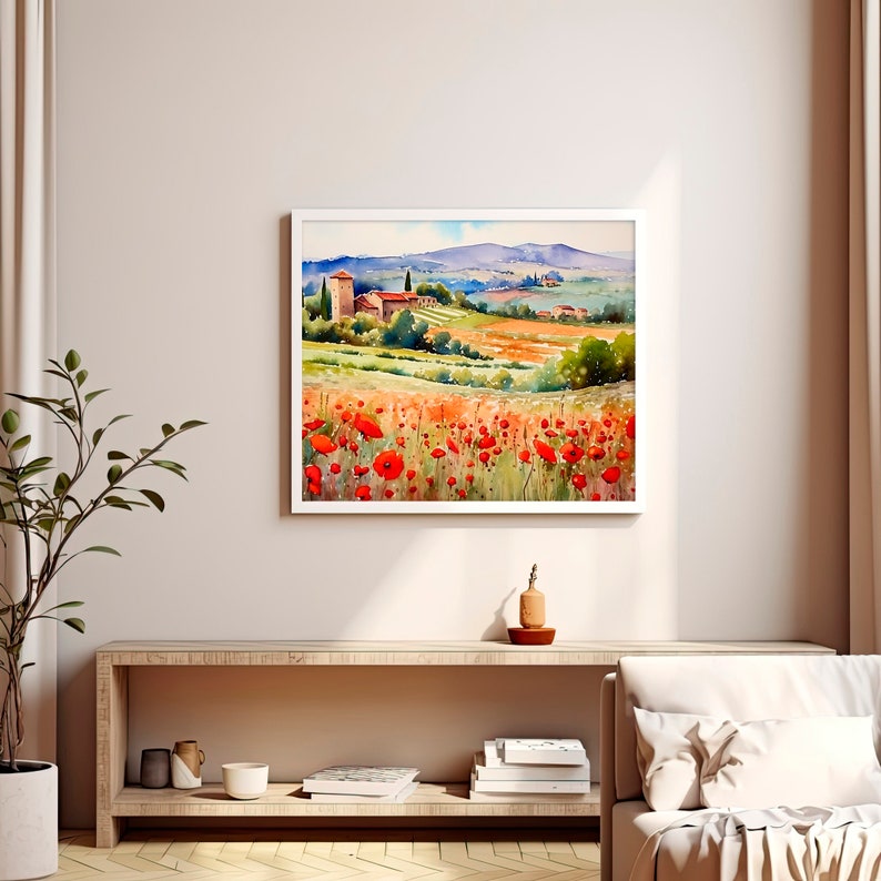 Italian Countryside Watercolor Art Print Tuscany Fields Painting ...