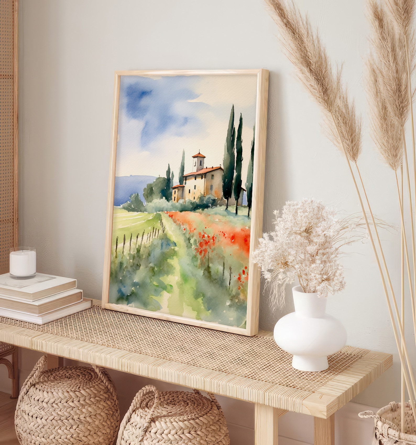 Tuscany Countryside Watercolor Art Print Poppy Fields Watercolor ...