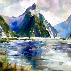 Milford Sound Watercolor Art Print New Zealand Landscape Mountains ...