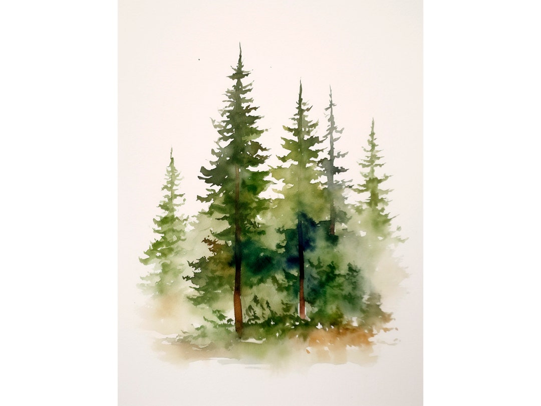 Pacific Northwest Forest Watercolor Painting Pine Trees Art Print Misty ...