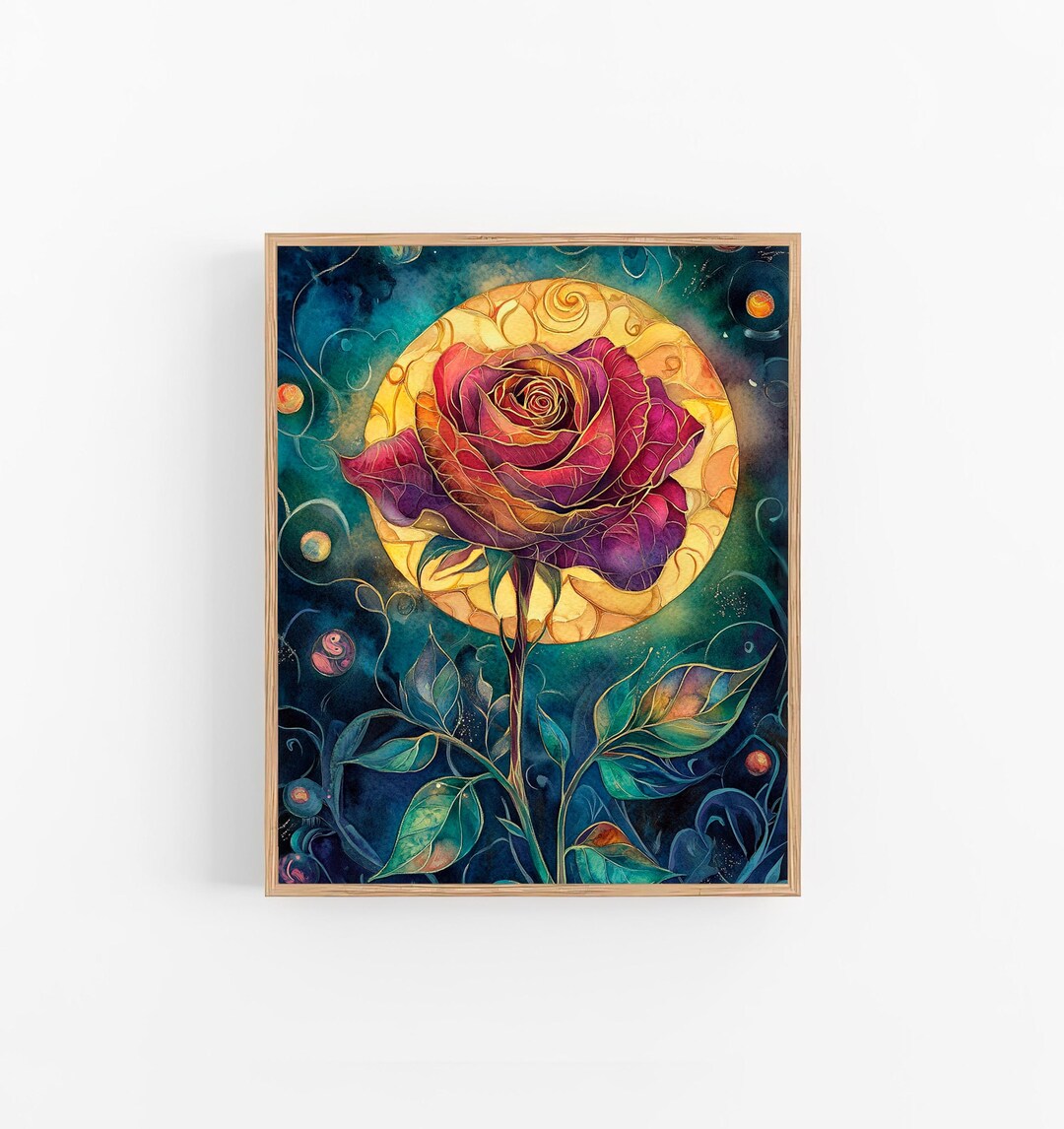 Moonlit Rose Watercolor Art Print Mystical Floral Illustration Cosmic ...