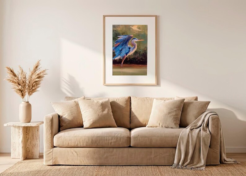 Great Blue Heron Oil Painting Print on Paper Coastal Bird Wall Art ...