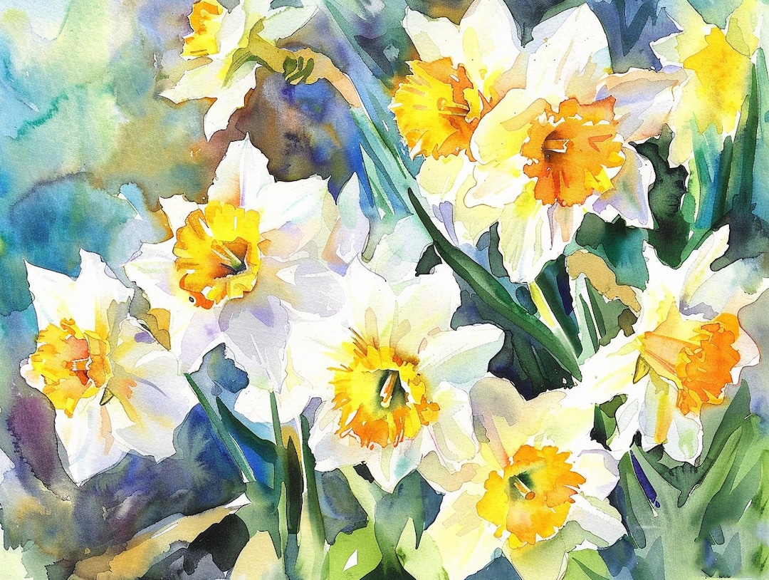 Daffodils Watercolor Art Print Flowers Painting Meadow Wall Art Decor ...