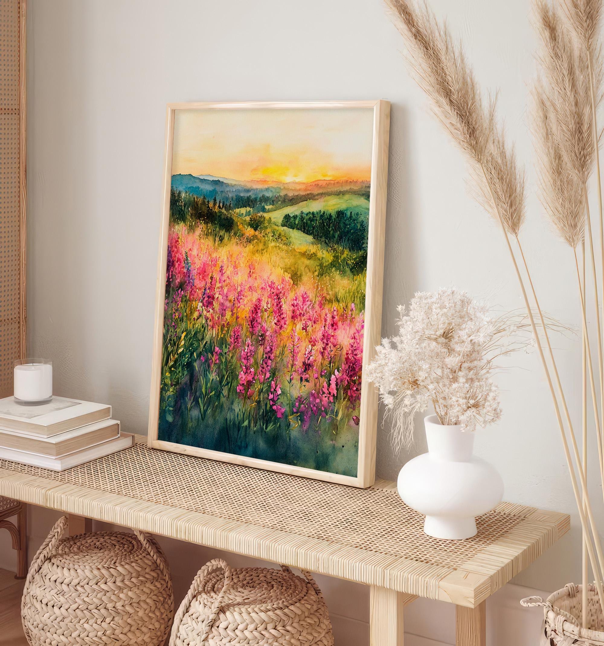 Rocky Wildflower Meadow Sunset Watercolor Painting Scenic Landscape Art ...