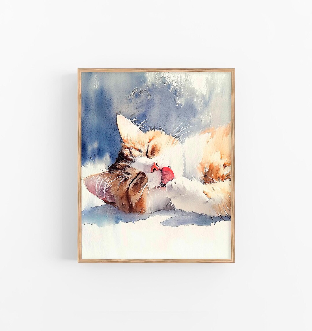 Cat Watercolor Painting Sleeping Cat Watercolor Art Print Animals ...