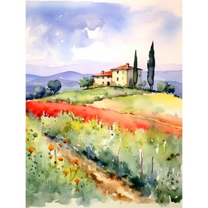 Tuscany Countryside Watercolor Painting Red Poppies Fields Watercolor Painting Italy Landscape ...