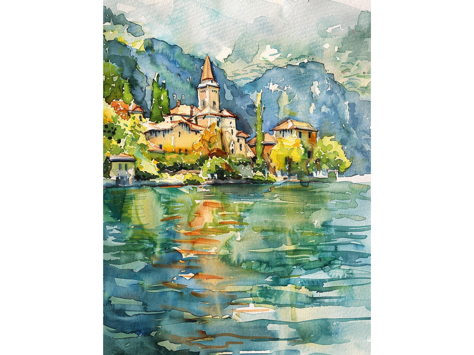 Lake Annecy Watercolor Painting France Lake Landscape Watercolor Art ...