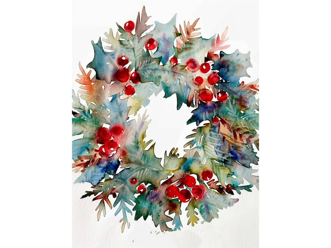 Christmas Wreath Watercolor Painting Christmas Pine Branch Art Print ...