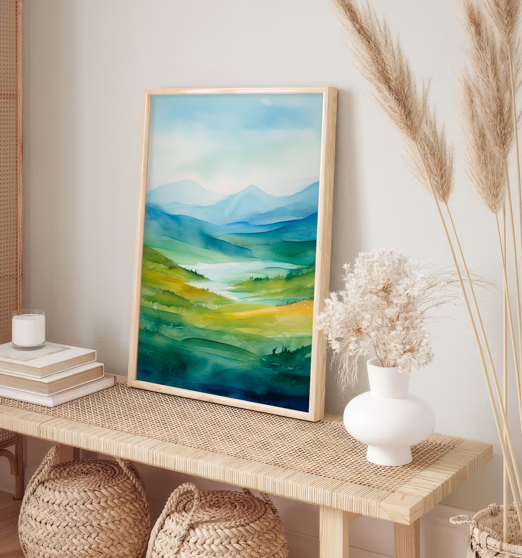 Green Ireland Fields Watercolor Painting Mountains Watercolor Art Print ...
