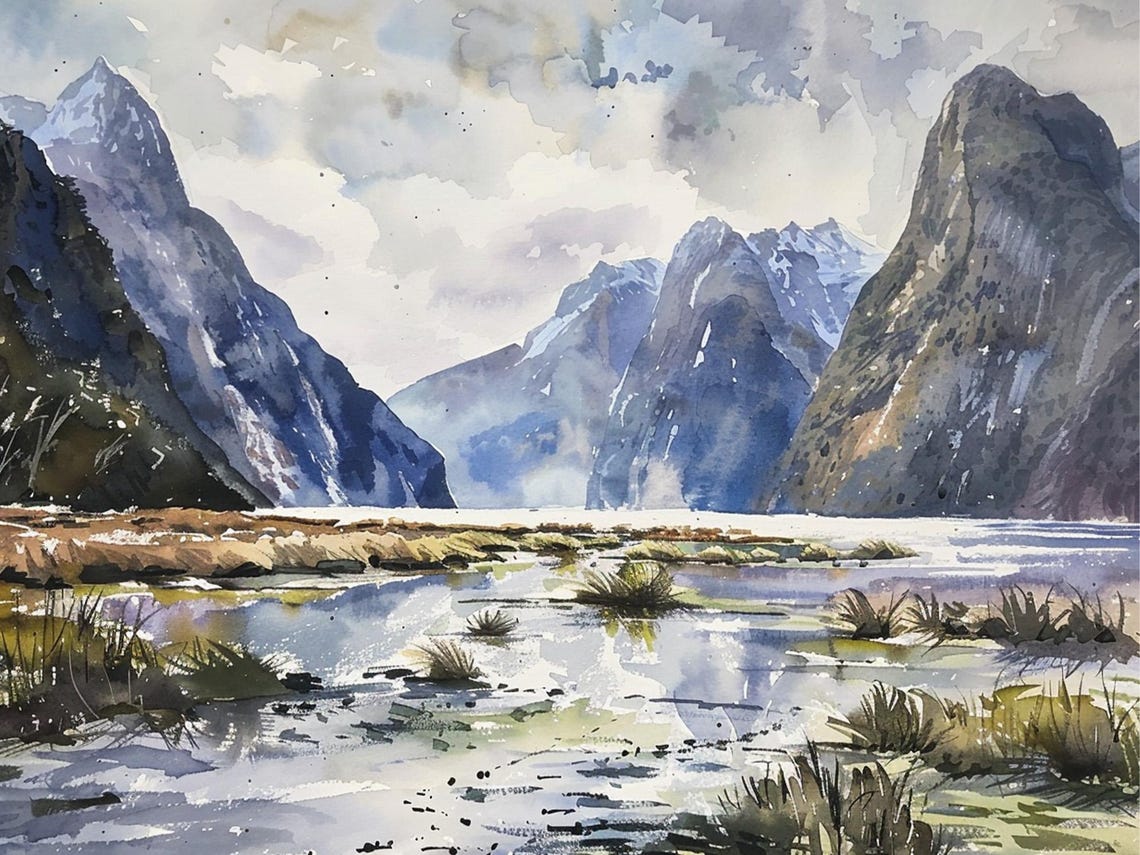 Milford Sound Watercolor Painting New Zealand Landscape Art Print ...