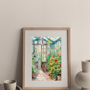 Greenhouse Art Print Flowers House Watercolor Painting Greenhouse Wall ...