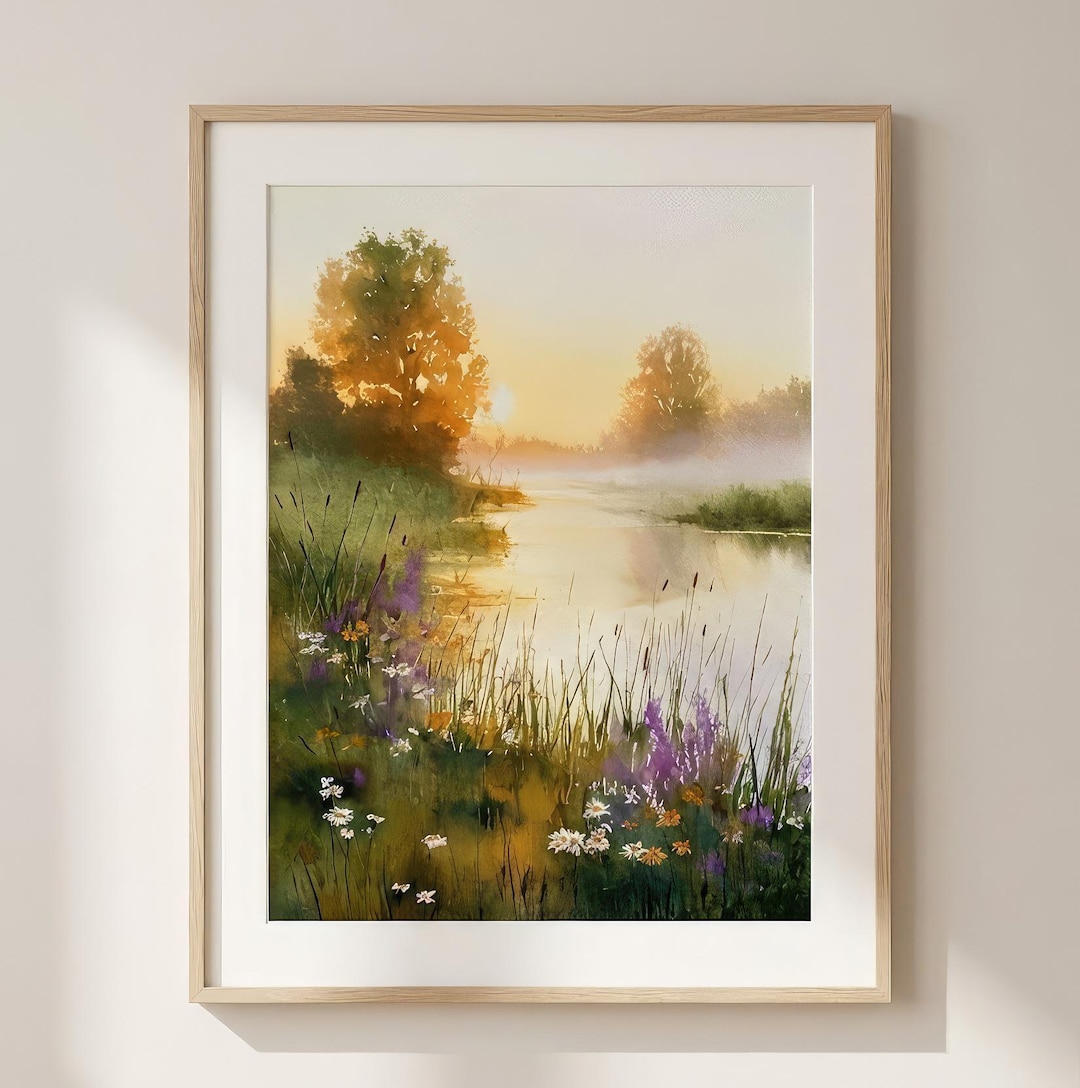 Sunrise Misty River Watercolor Painting Art Print Botanical Landscape ...