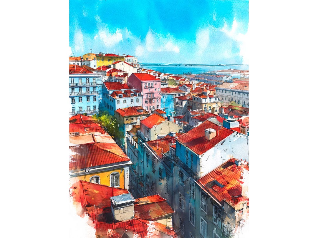 Lisbon Cityscape Watercolor Painting Art Print on Paper Coastal Wall ...