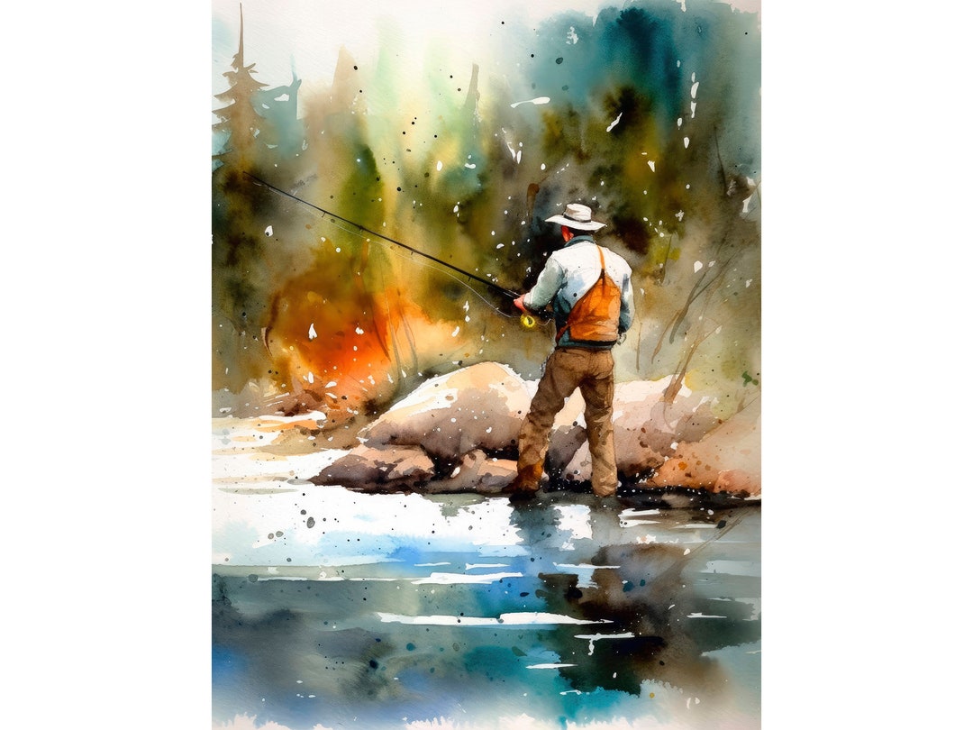Fisherman Watercolor Painting Fishing Art Print Colorado Landscape by ...