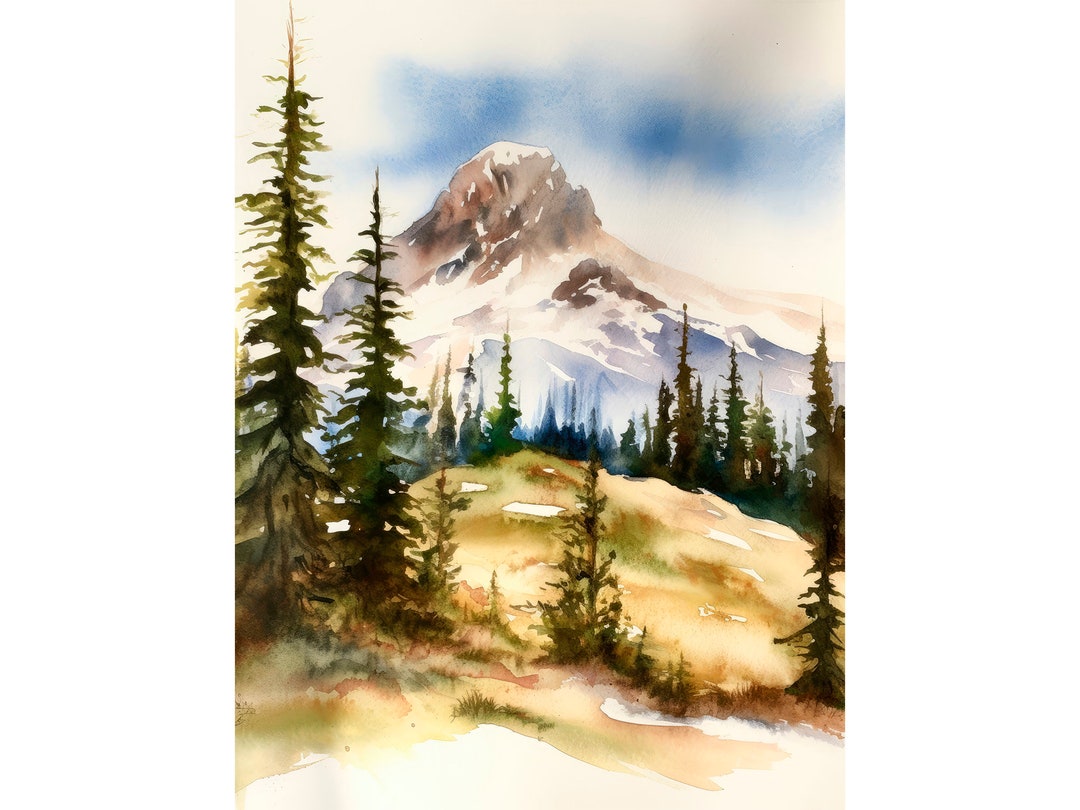 Mount Rainier Watercolor Painting Washington Landscape Art Print Pine ...