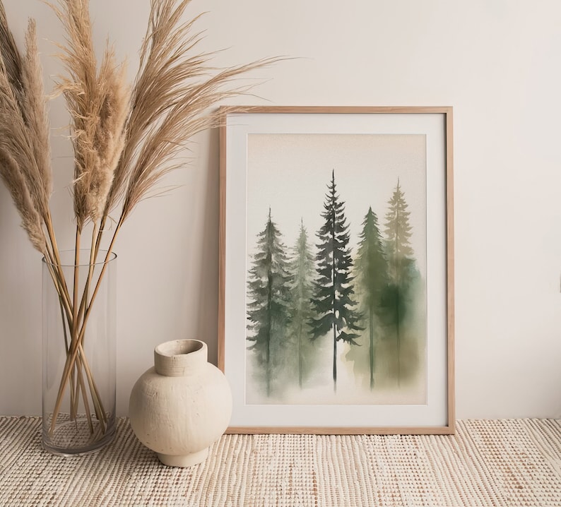 Pine Trees Painting Misty Forest Poster Minimalist Wall Art Decor ...