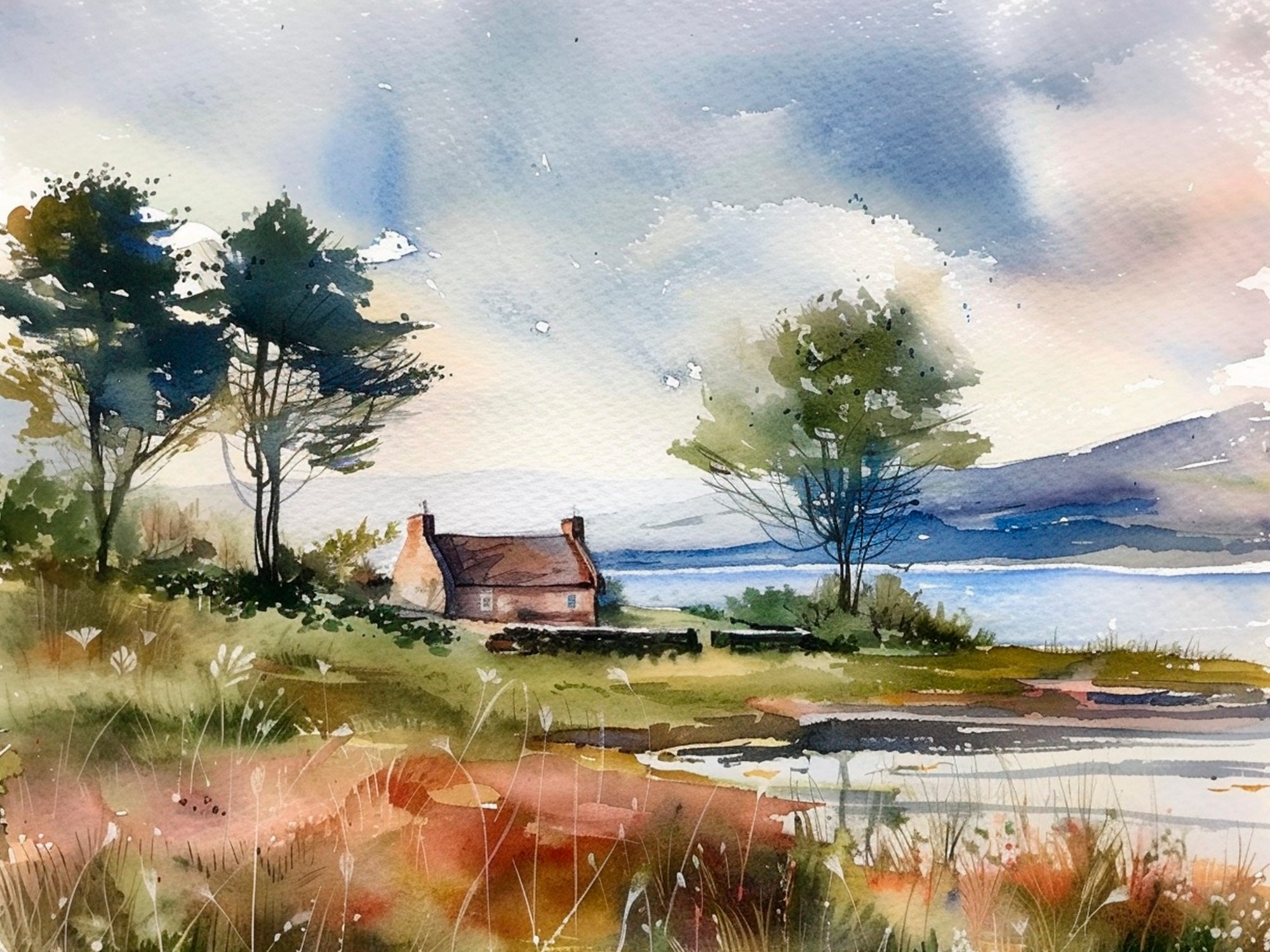 Scottish Countryside Watercolor Painting Scotland Landscape Fields ...