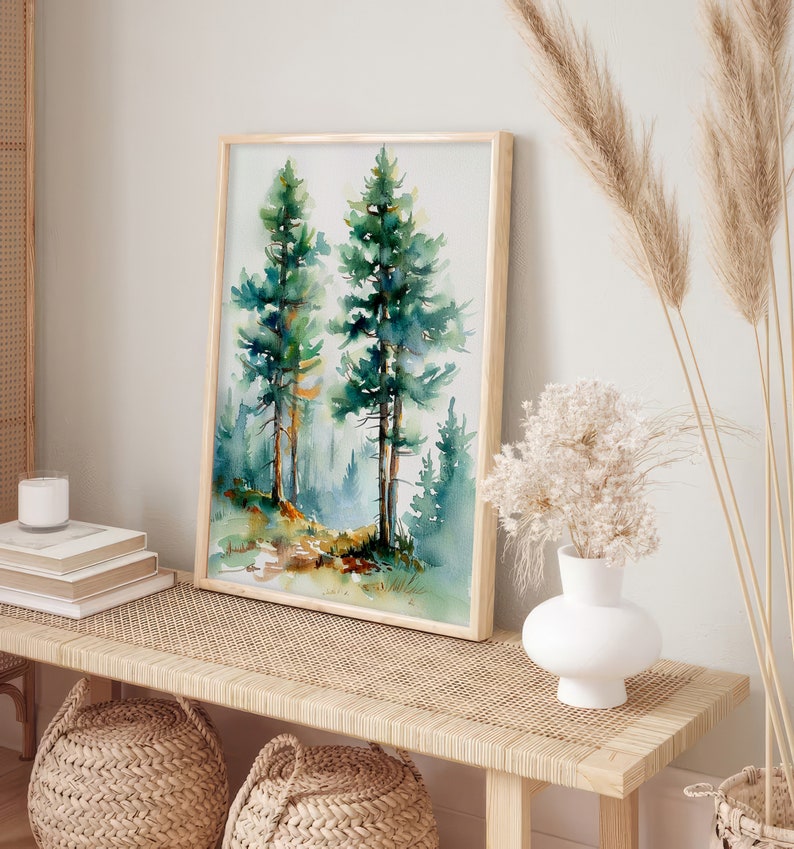 Pine Trees Art Print Colorado Foggy Forest Evergreen Trees Watercolor ...