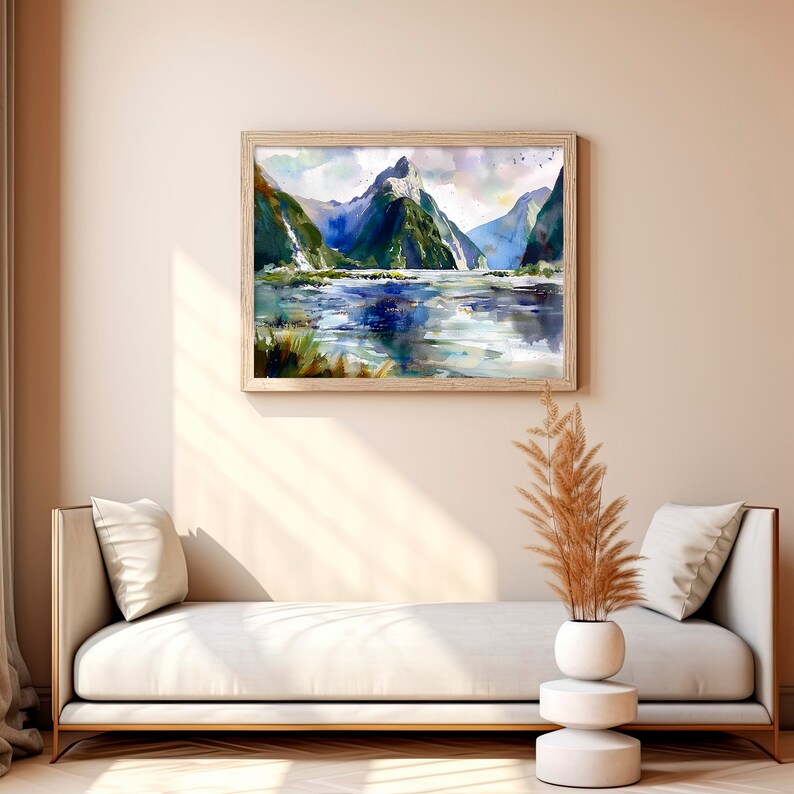Milford Sound Watercolor Art Print New Zealand Landscape Mountains ...