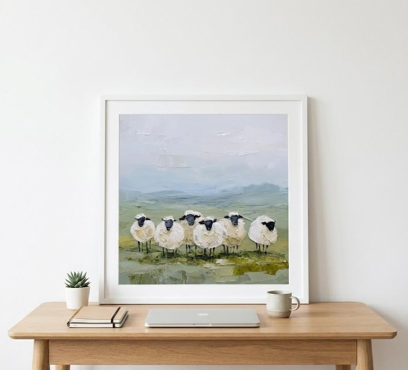 Sheep Flock Oil Painting Art Print on Canvas Minimal Landscape Wall Art ...