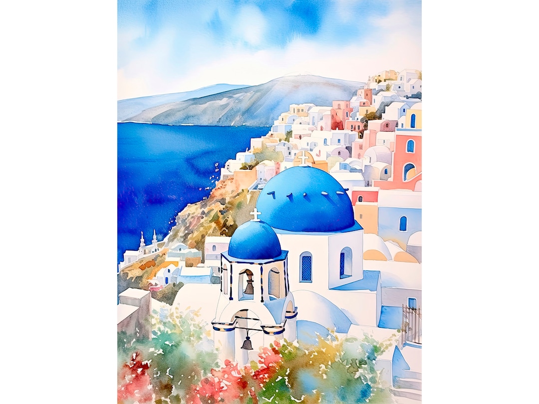 Santorini Watercolor Painting Greece Art Print Cityscape Artwork by ...