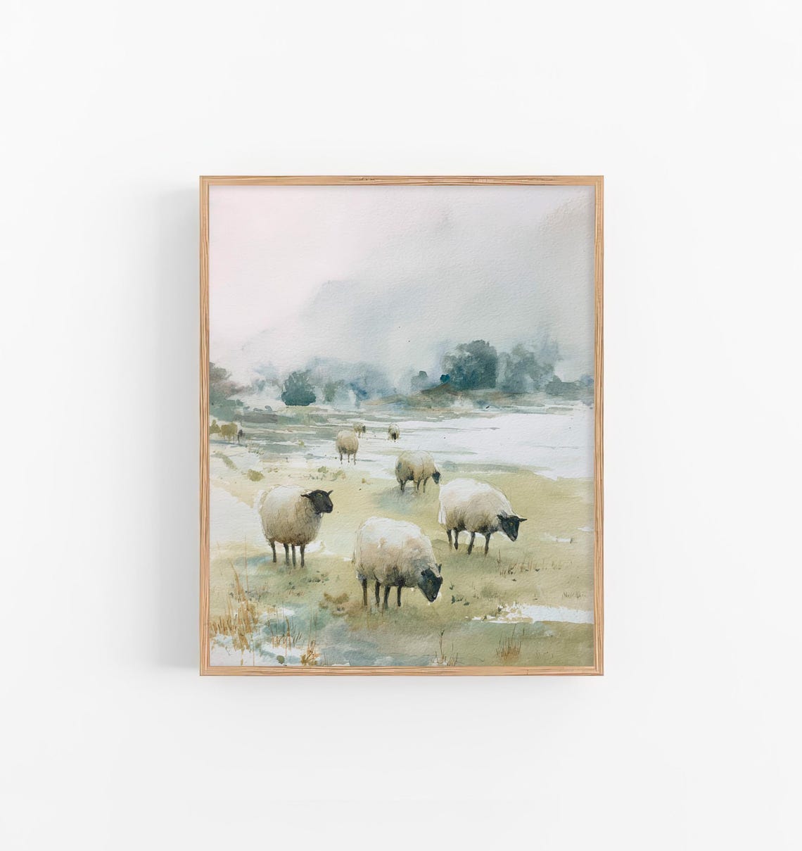 Sheep Watercolor Painting Pasture Landscape Art Print Misty Farm Scene ...