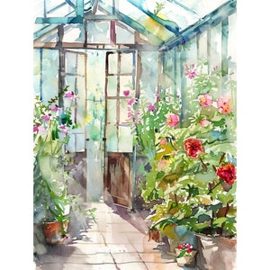 Greenhouse Art Print Flowers House Watercolor Painting Greenhouse Wall ...