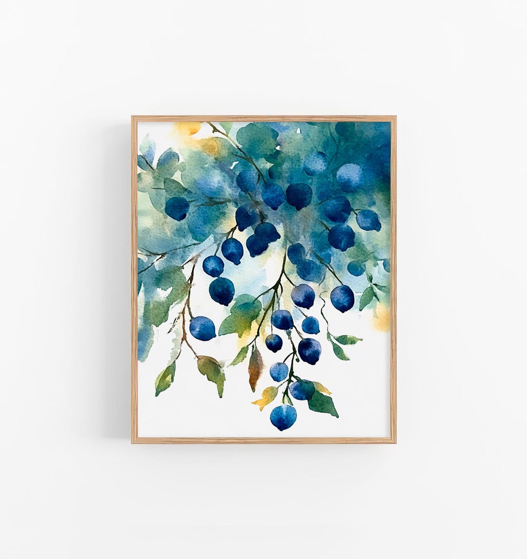 Blueberry Watercolor Art Print Berries Watercolor Painting Kitchen Wall ...