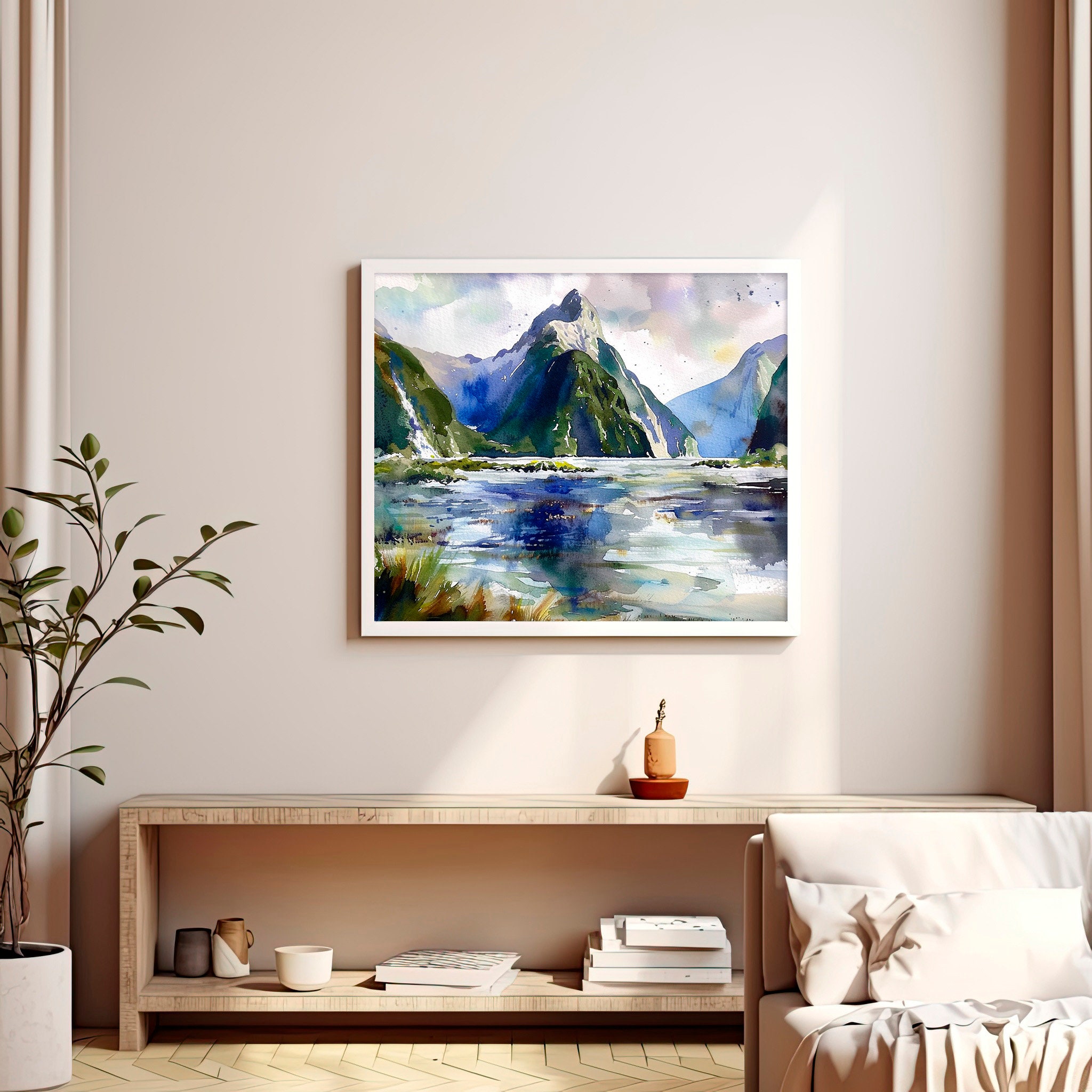 Milford Sound Watercolor Art Print New Zealand Landscape Mountains ...