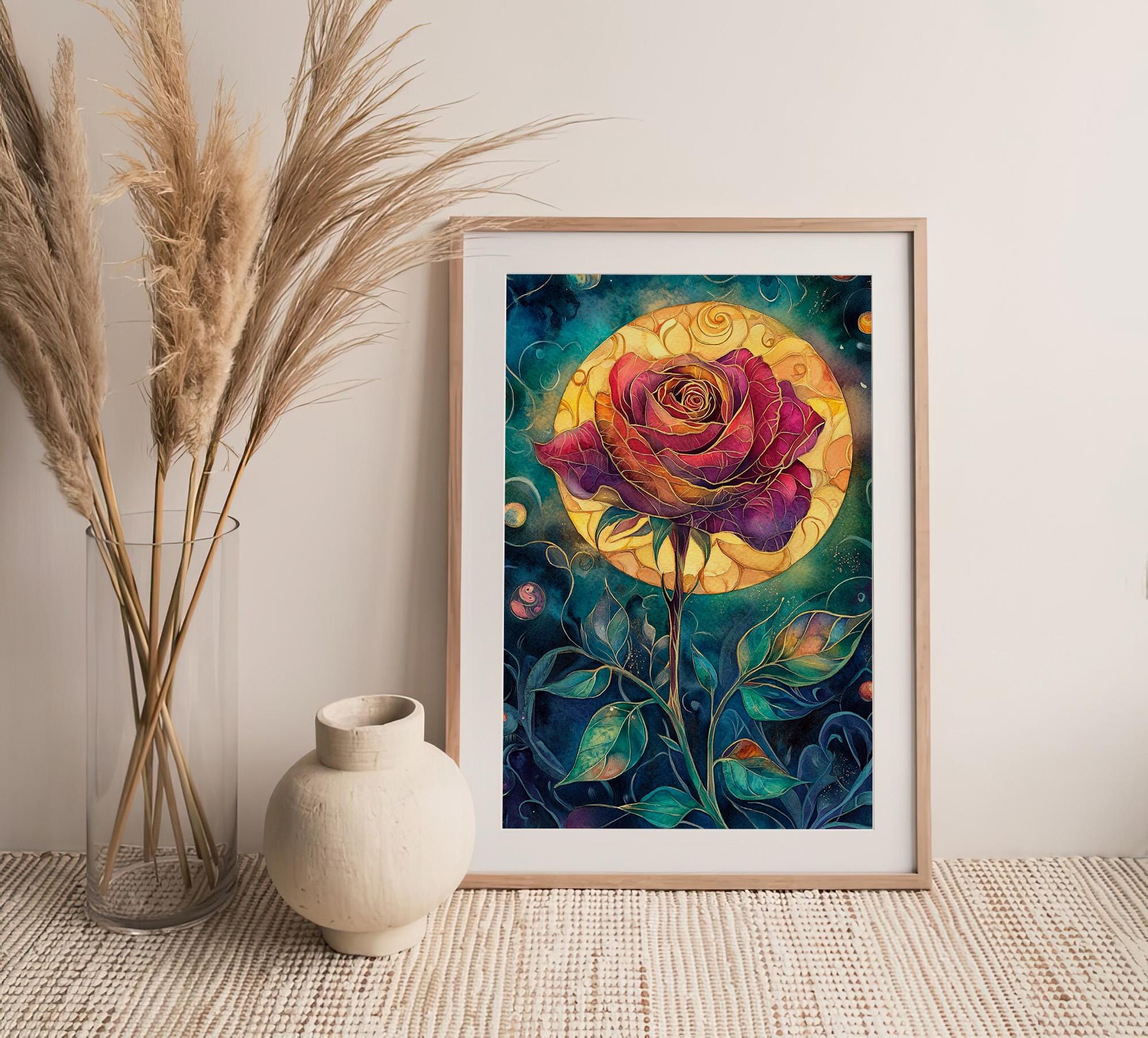Moonlit Rose Watercolor Art Print Mystical Floral Illustration Cosmic ...