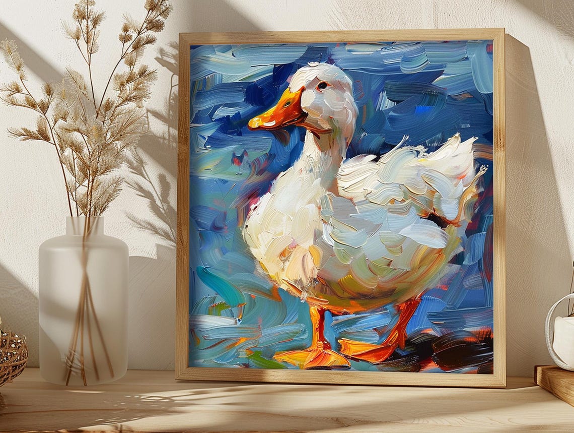 Stampa artistica di anatra bianca, stampa su tela a olio di uccello ...
