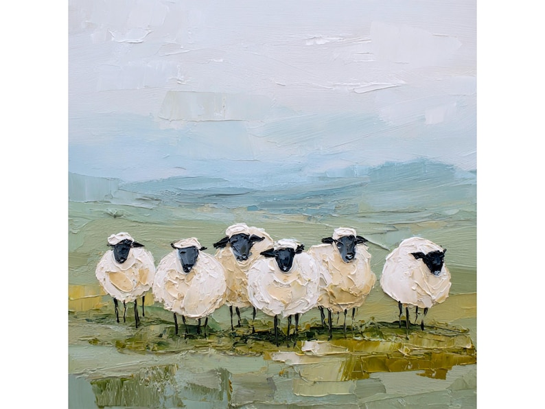 Sheep Flock Oil Painting Art Print on Canvas Minimal Landscape Wall Art ...
