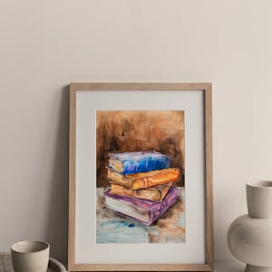 Books Watercolor Painting Old Book Library Art Print Books Farmhouse ...