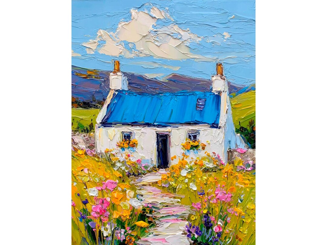 Cottage Landscape Oil Painting Art Print Colorful Flower Field House ...