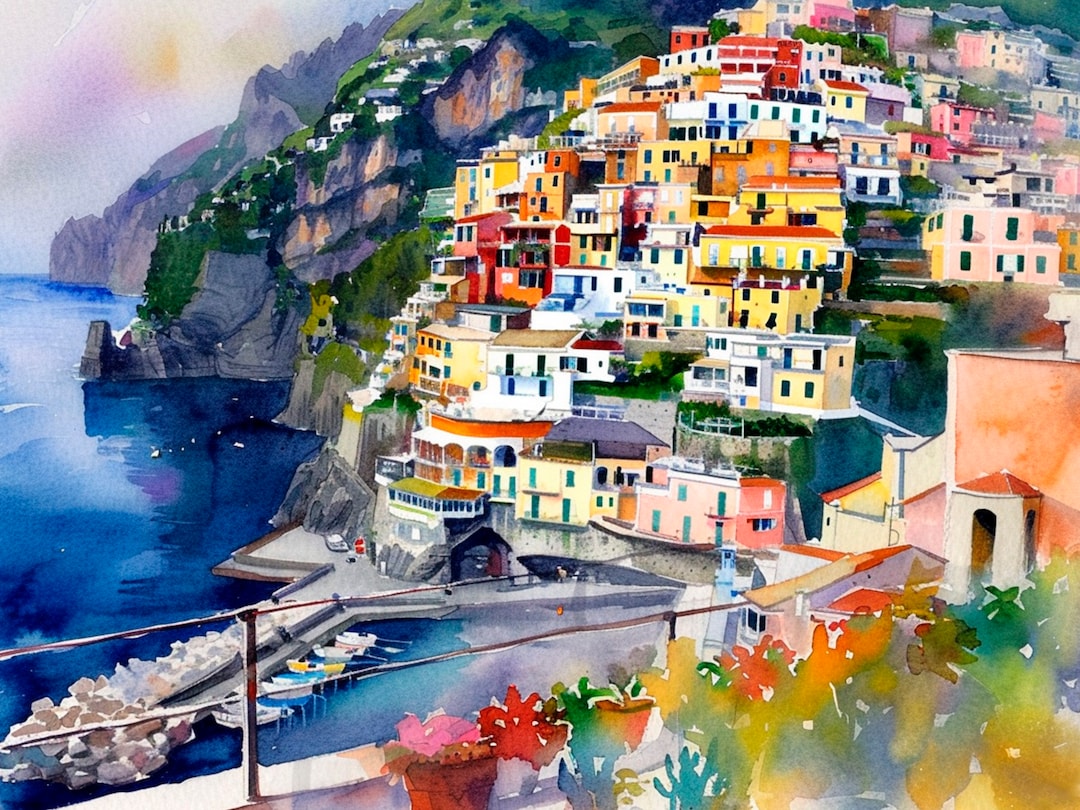 Cinque Terre Watercolor Painting Positano Amalfi Coast Art Print ...