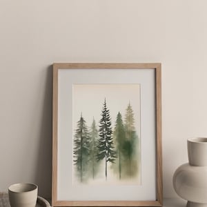 Pine Trees Painting Misty Forest Poster Minimalist Wall Art Decor ...