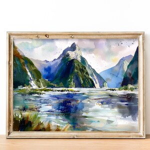 Milford Sound Watercolor Art Print New Zealand Landscape Mountains ...