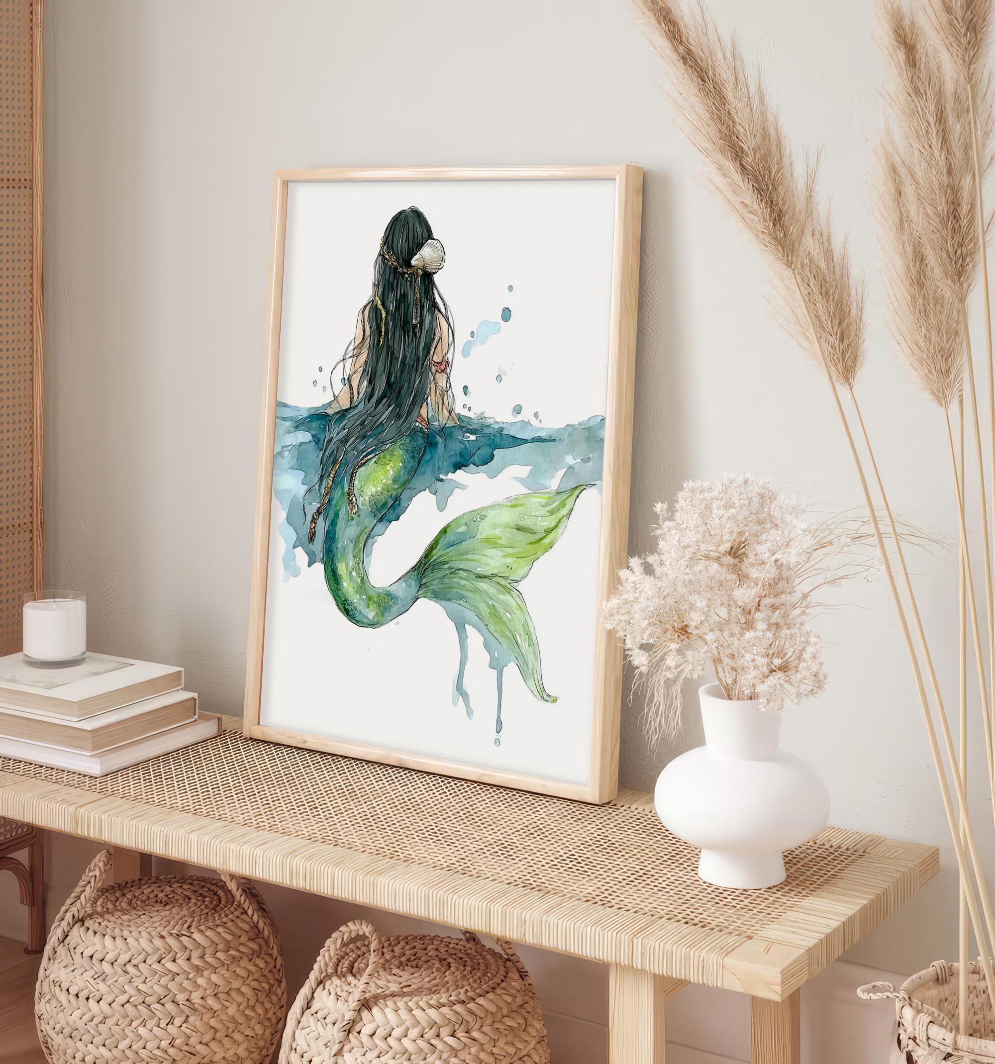 Mermaid Watercolor Print Ocean Wall Art Fantasy Sea Girl Poster Coastal ...