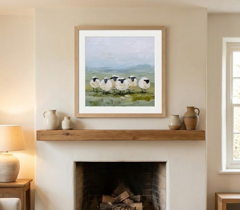 Sheep Flock Oil Painting Art Print on Canvas Minimal Landscape Wall Art ...