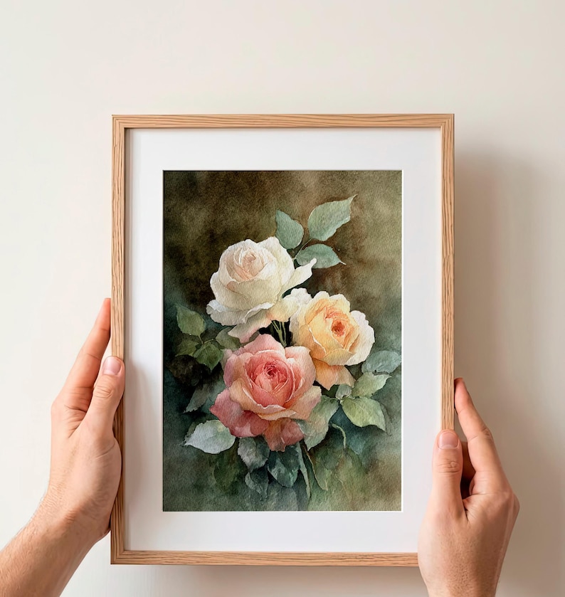 Rose Watercolor Print on Paper Pink and White Roses Botanical Wall Art ...