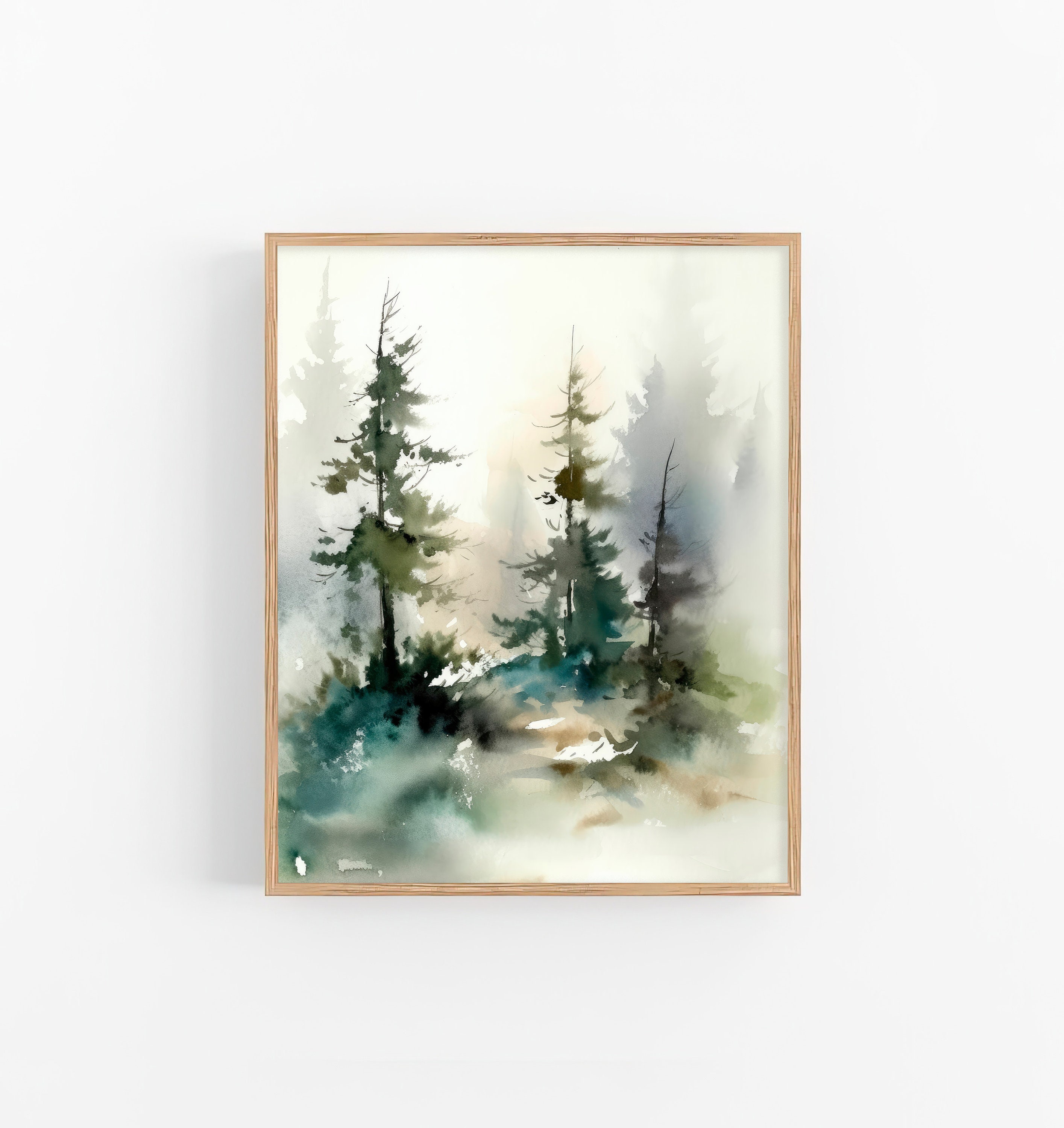 Evergreen Trees Watercolor Art Print Misty Forest Painting - Etsy