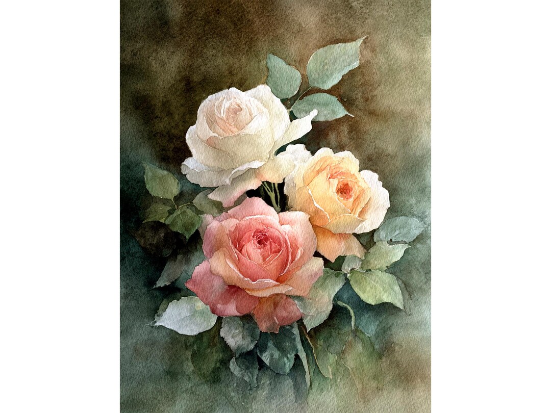 Rose Watercolor Print on Paper Pink and White Roses Botanical Wall Art ...