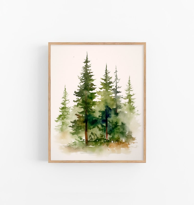 Pacific Northwest Forest Watercolor Painting Pine Trees Art Print Misty ...