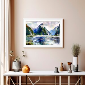 Milford Sound Watercolor Art Print New Zealand Landscape Mountains ...